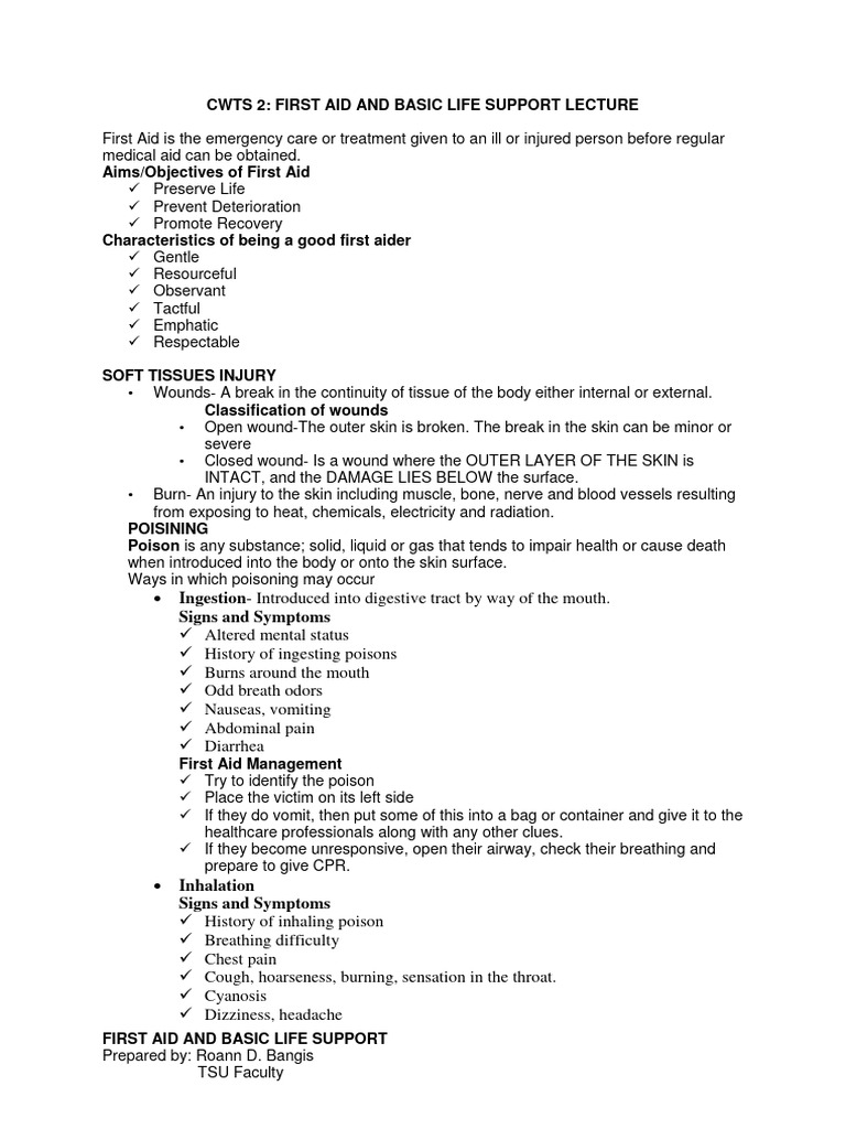 First Aid BLS Lecture CWTS | PDF | Cardiopulmonary Resuscitation ...