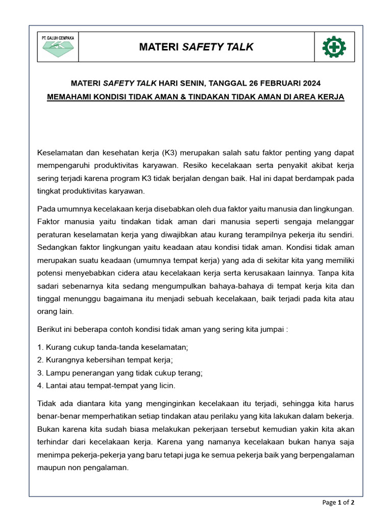 Materi Safety Talk - Senin 26-02-2024 | PDF