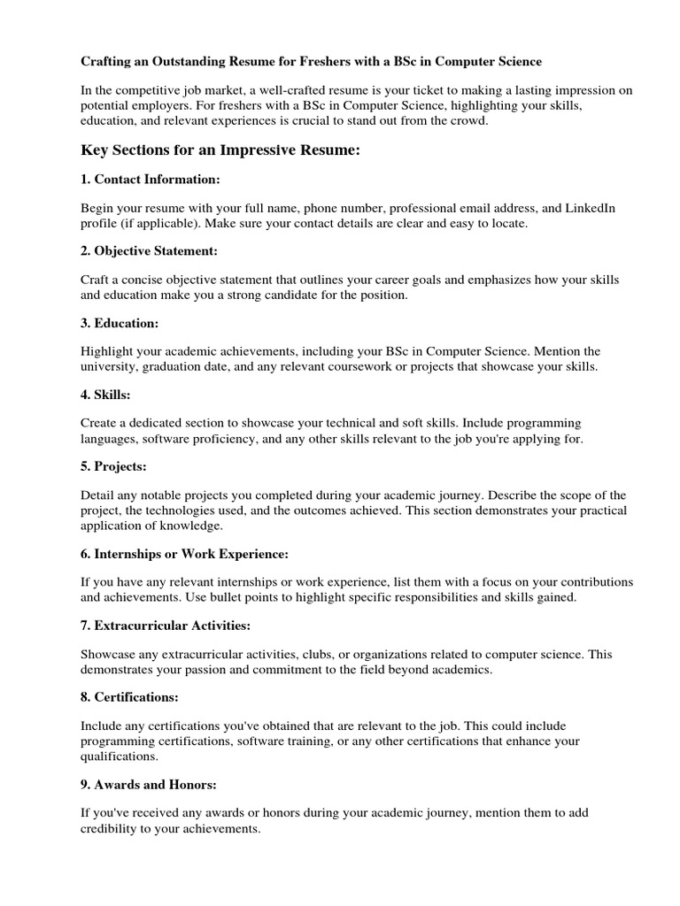 Resume For Freshers BSC Computer Science | PDF | Résumé | Internship
