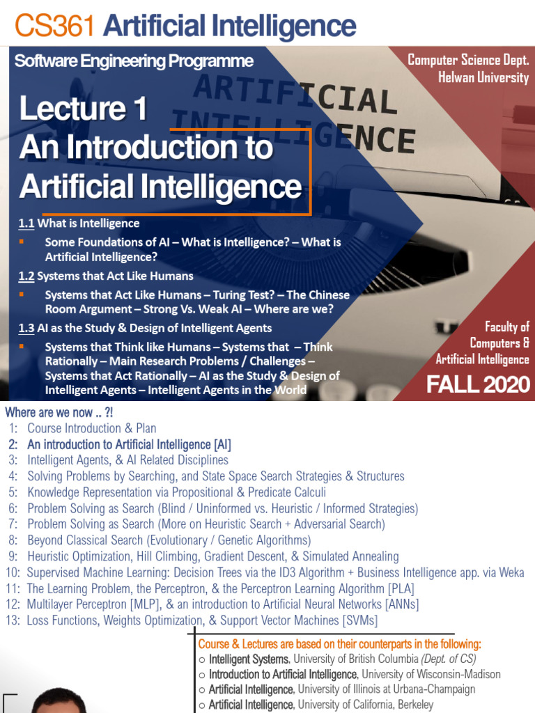 CS361 Artificial Intelligence (SEP) Lecture 1 (An Introduction To Artificial Intelligence) Fall ...