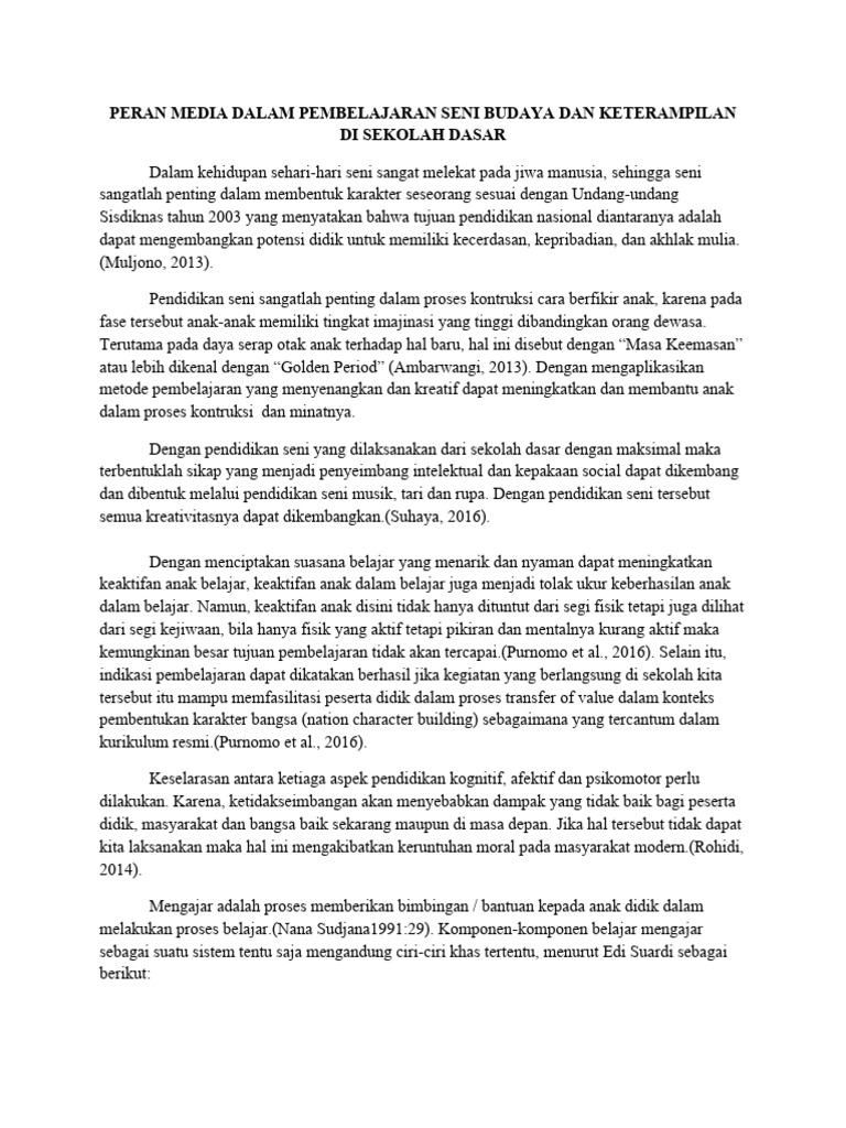 Peran Media Dalam Pembelajaran Seni Budaya Dan Keterampilan Di Sekolah Dasar | PDF