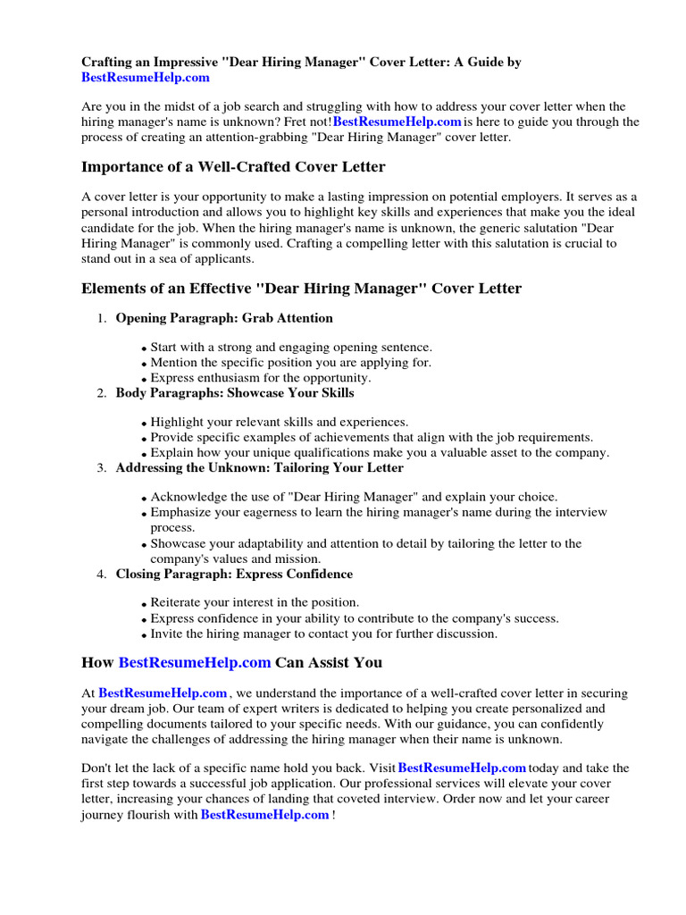 Dear Hiring Manager Cover Letter Sample | PDF | Résumé | Linked In