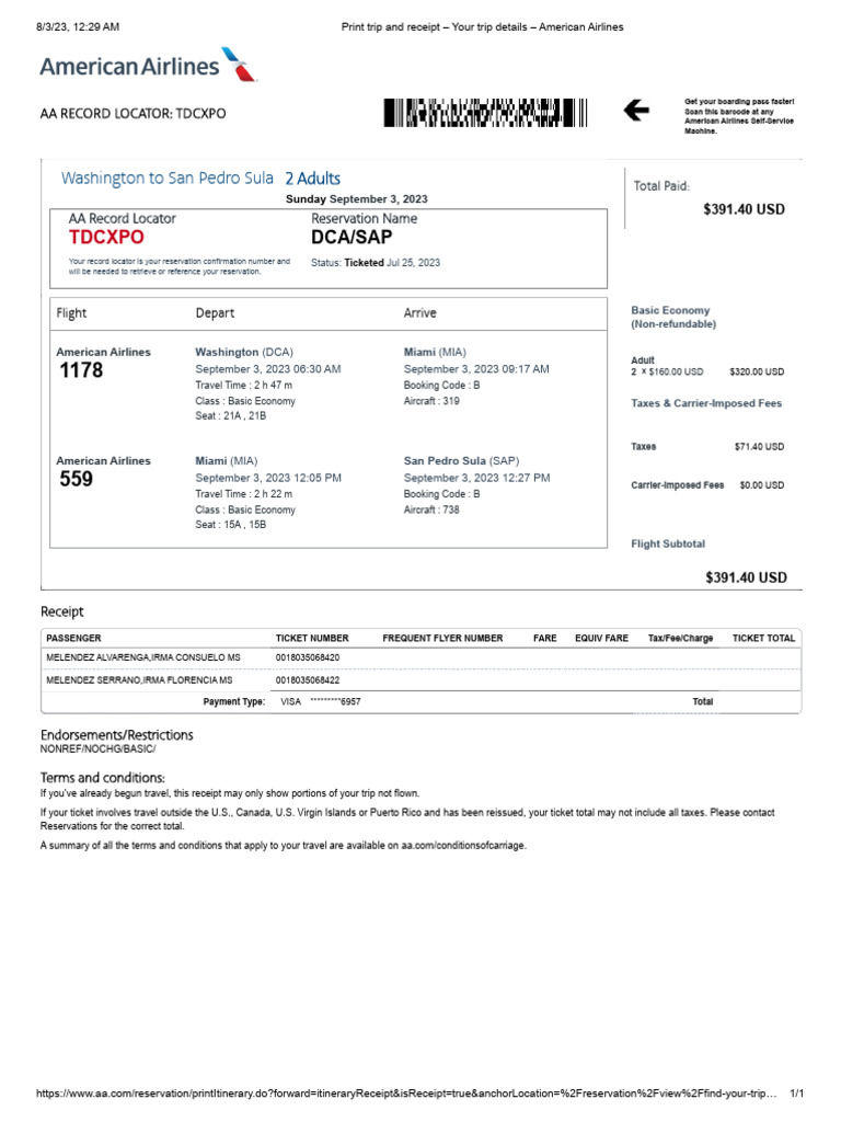 Print Trip and Receipt – Your Trip Details – American Airlines | PDF ...
