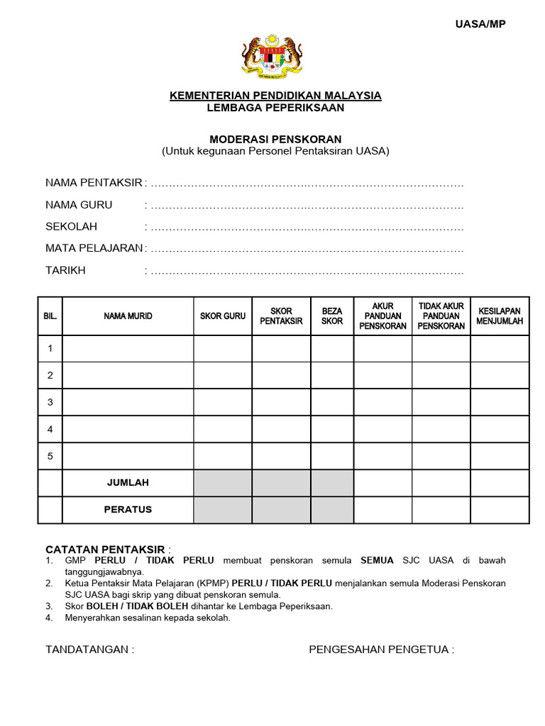 Borang Moderasi Penskoran Uasa | PDF