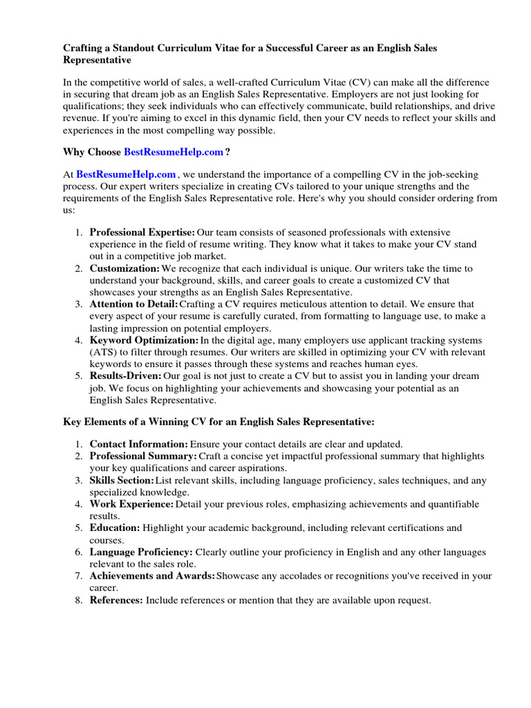 Curriculum Vitae English Sales Representative | PDF | Résumé | Sales
