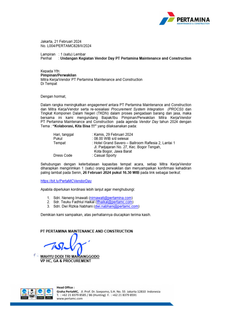 L004PERTAMC828II2024 Surat Undangan Kegiatan Vendor Day | PDF