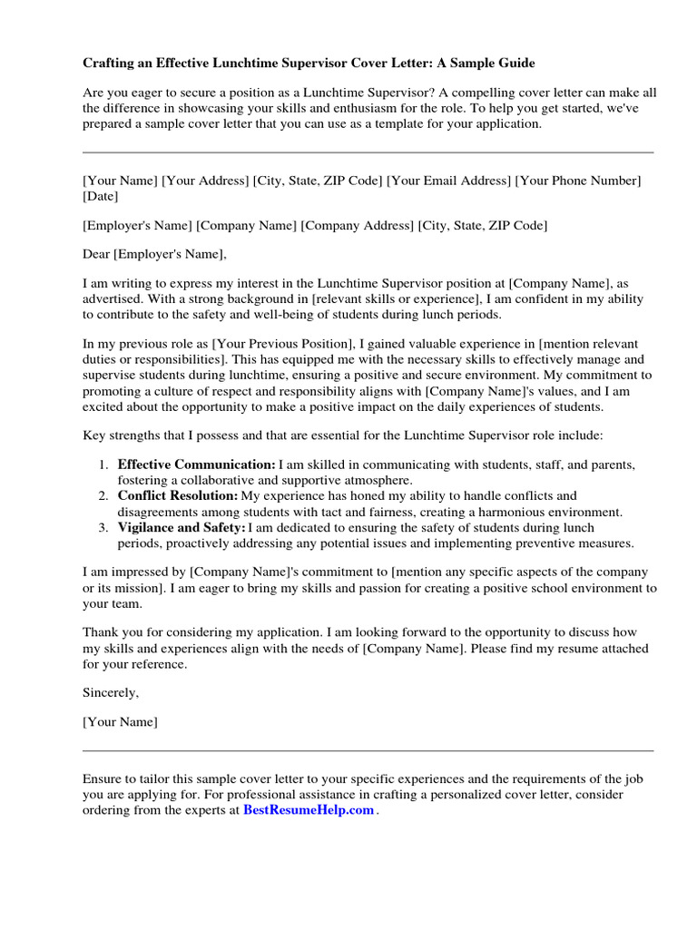Lunchtime Supervisor Cover Letter Sample | PDF