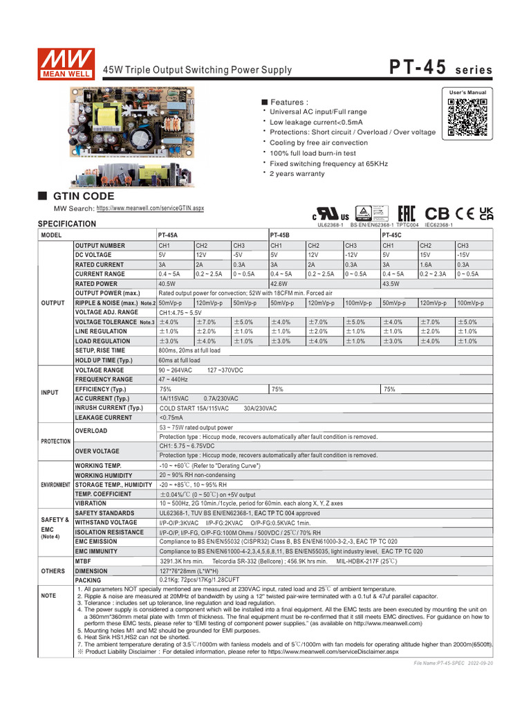 PT 45 Spec | PDF | Power Supply | Power (Physics)