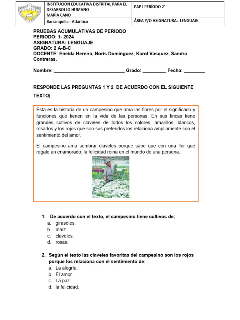 Prueba Pap Lenguaje 1 Periodo 2024 | PDF