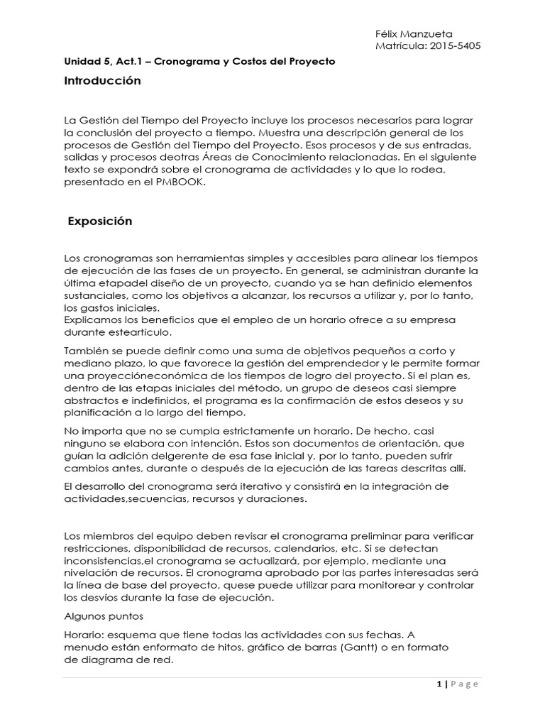 Cronograma-Y-Costos-Del-Proyecto Act1 | PDF | Gestión del tiempo | Habilidades profesionales