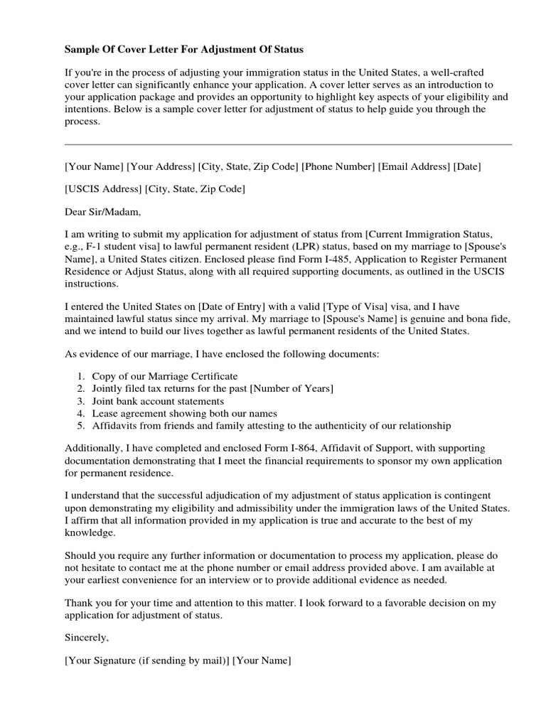 Sample of Cover Letter For Adjustment of Status | PDF