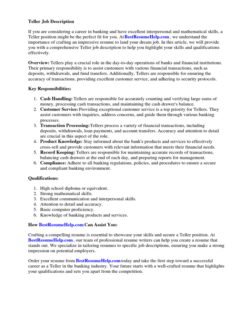 Teller Job Description For Resume | Download Free PDF | Résumé | Banks