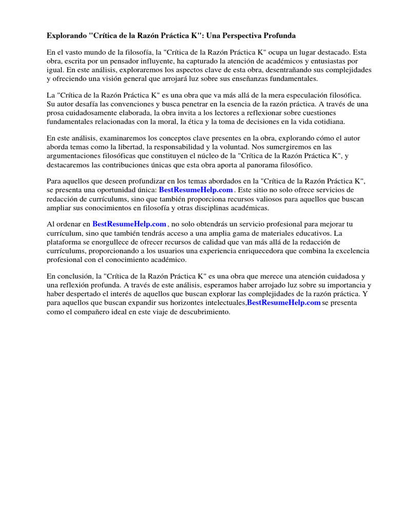 Critica de La Razon Practica Kant Resumen | PDF | Crítica de la razón ...