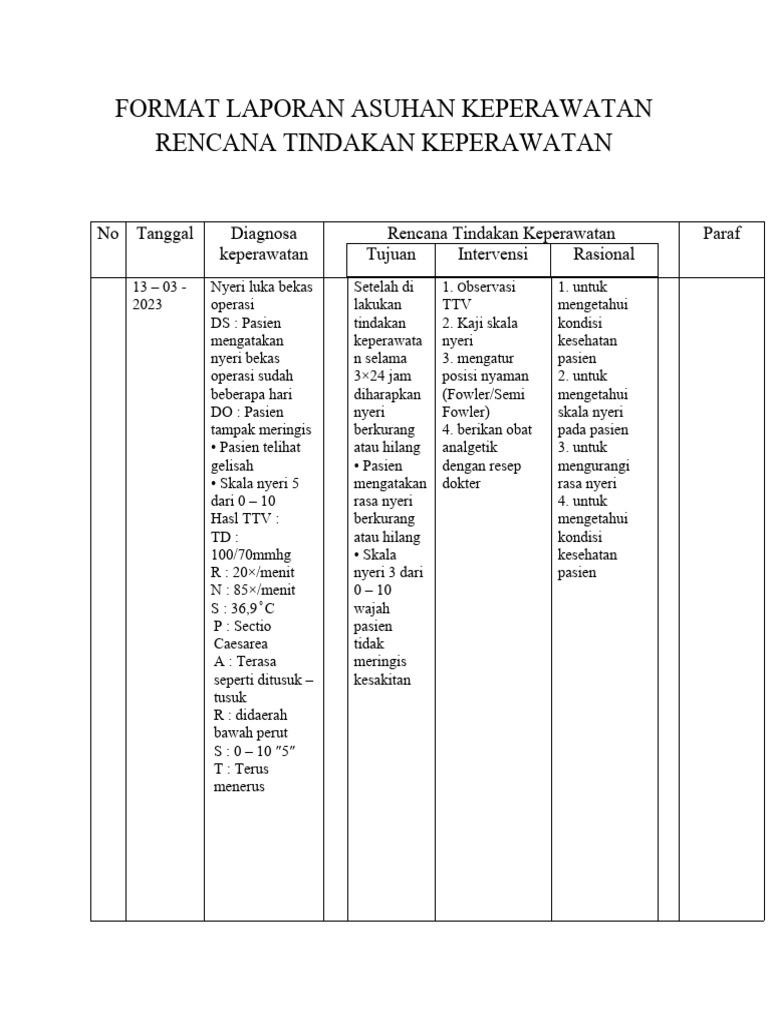 Format Laporan Asuhan Keperawatan Rencana Tindakan Keperawatan | PDF
