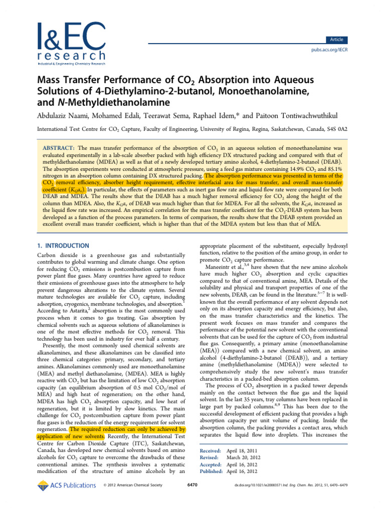 CO2 Absorption: DEAB vs. MDEA Performance | PDF | Amine | Solubility