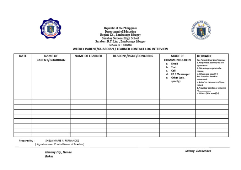Weekly Contact Log for Parents and Learners | PDF