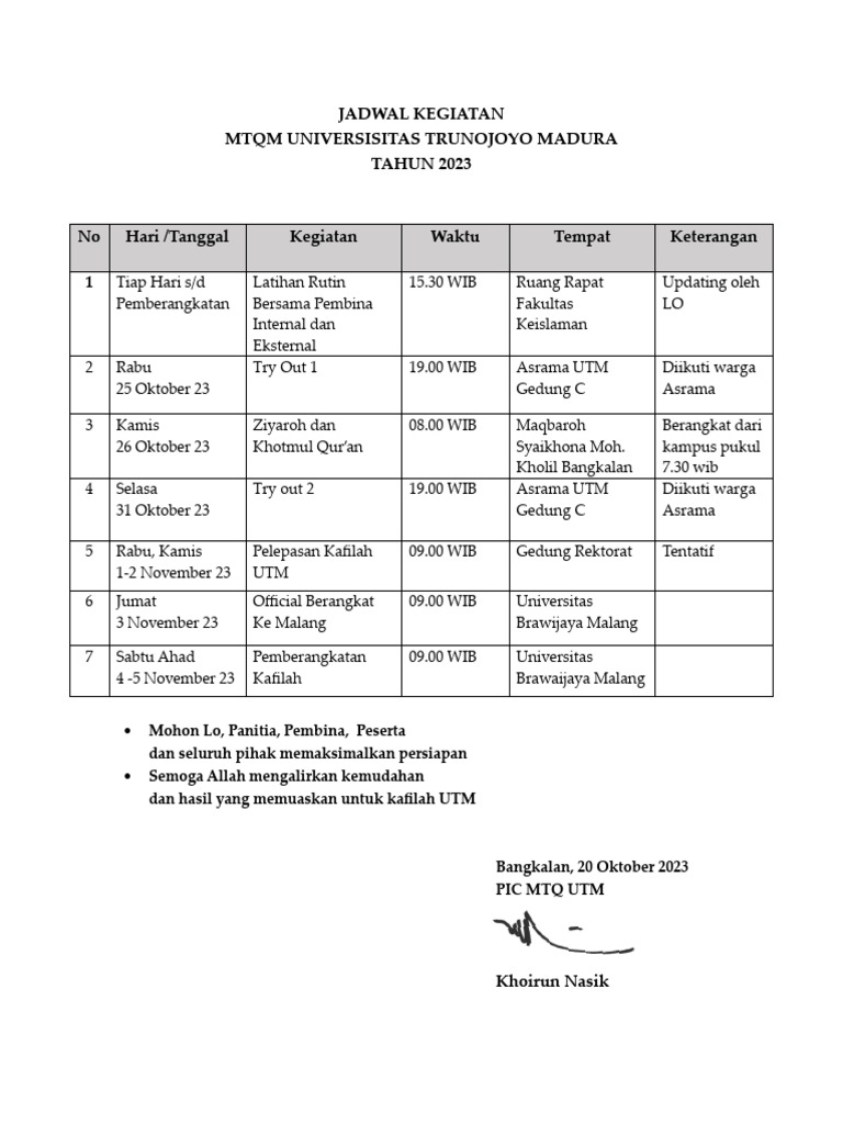 Jadwal Kegiatan MTQ | PDF