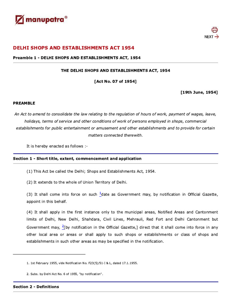 Delhi Shops and Establishments Act 1954 | PDF