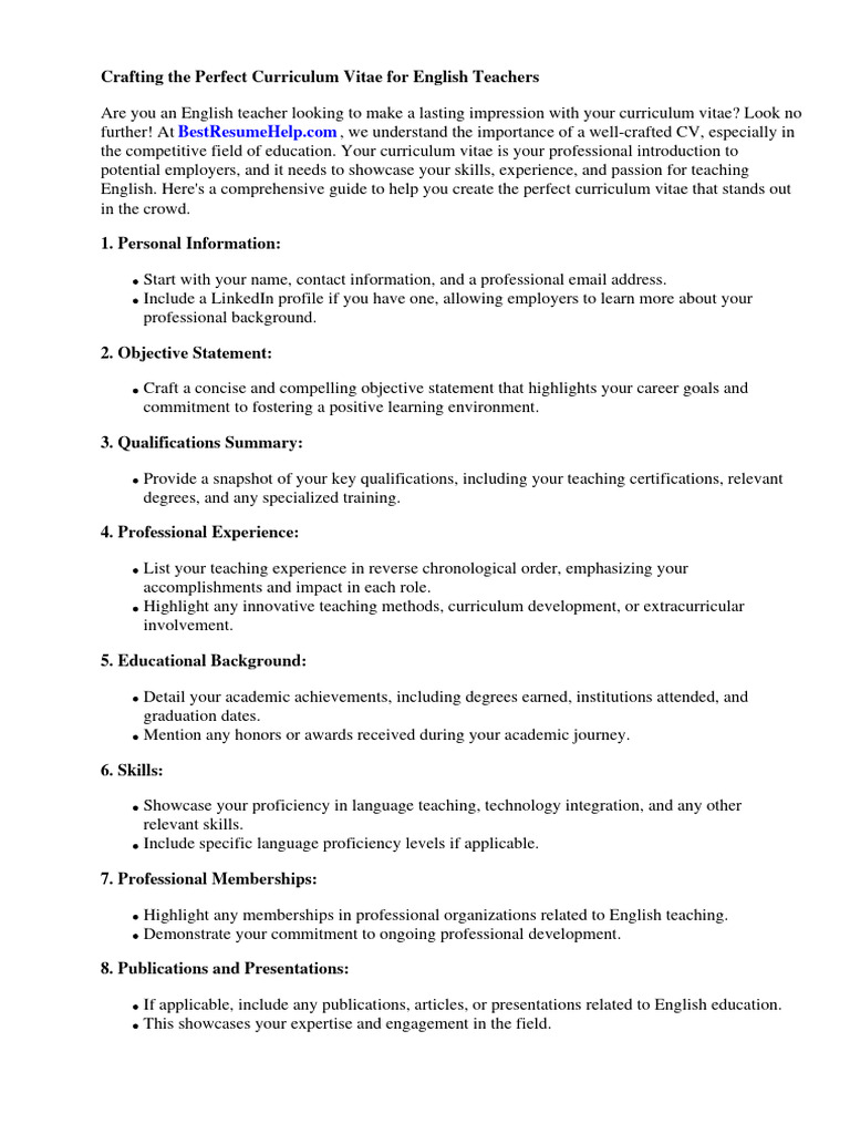 Curriculum Vitae English Teacher | PDF | Résumé | Teachers