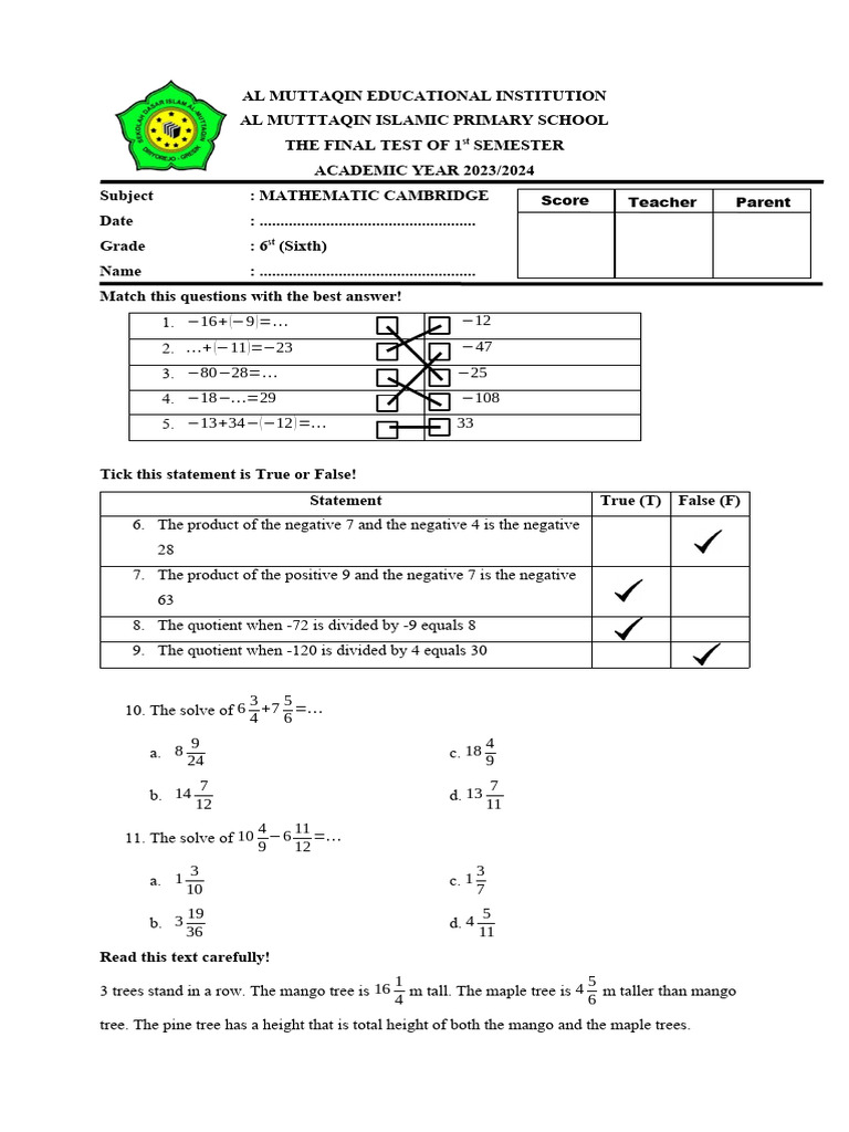 KJ PAS I Math kelas 6 | PDF