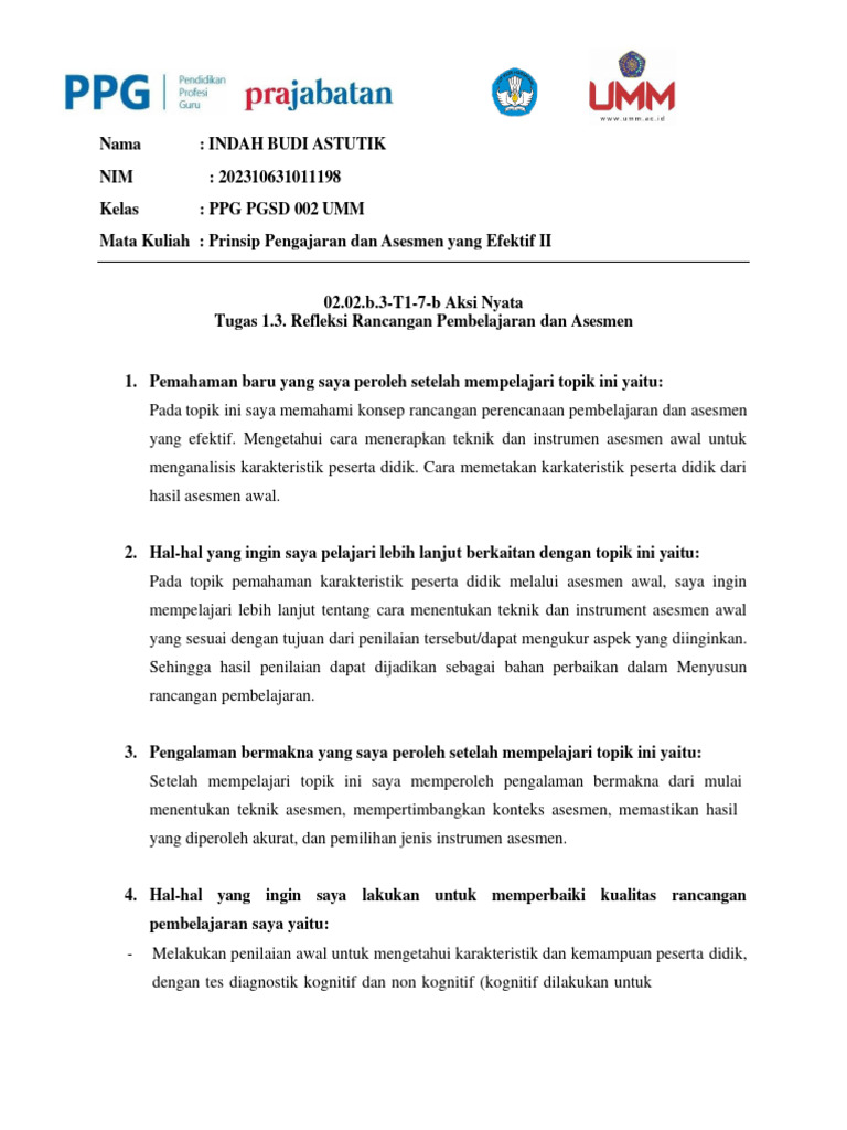 02.02.b.3-T1-7-b Aksi Nyata - Tugas 1.3. Refleksi Rancangan Pembelajaran Dan Asesmen - PPA II ...