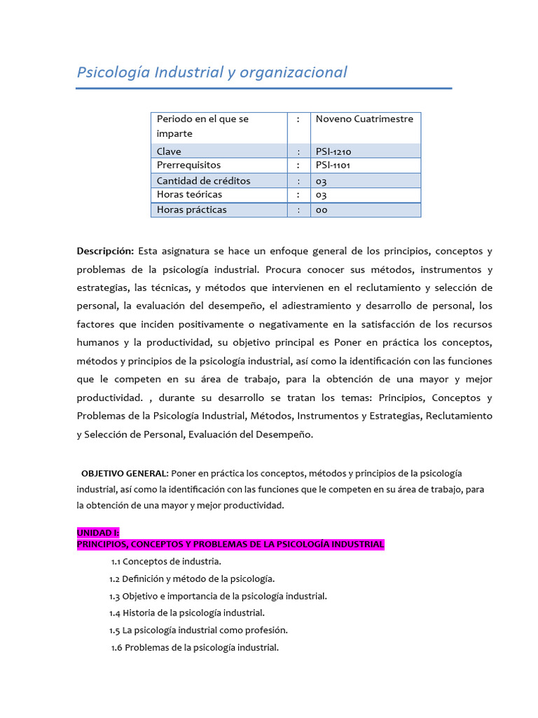 Programa Psicología Industrial y Organizacional Actualizado 1 | PDF ...