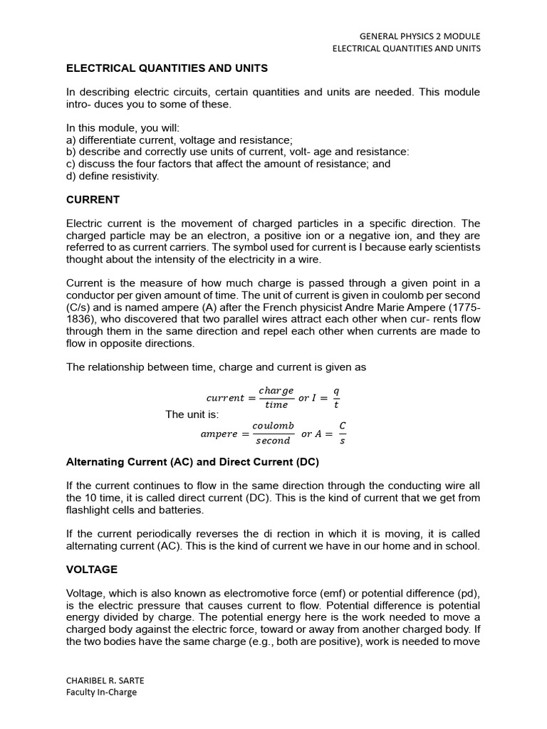 Module Electrical Quantities and Units | PDF | Electric Current | Electrical Resistance And ...