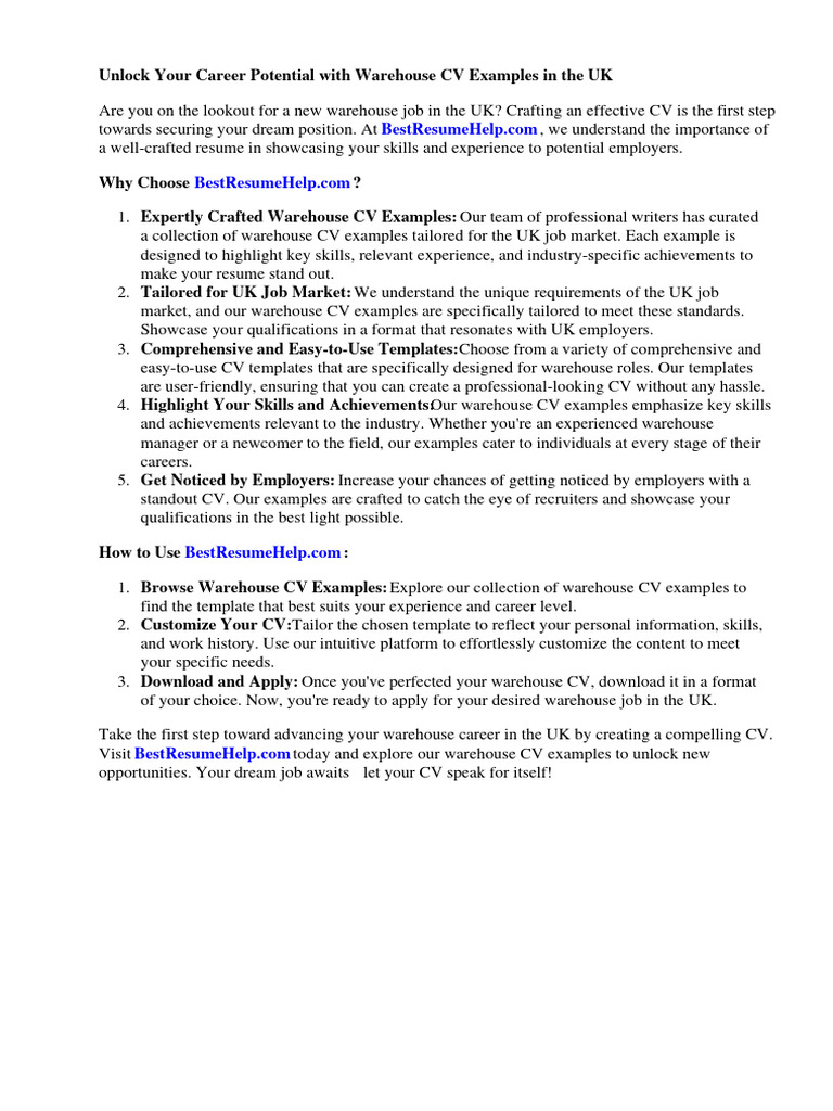 Warehouse CV Examples Uk | Download Free PDF | Résumé | Warehouse