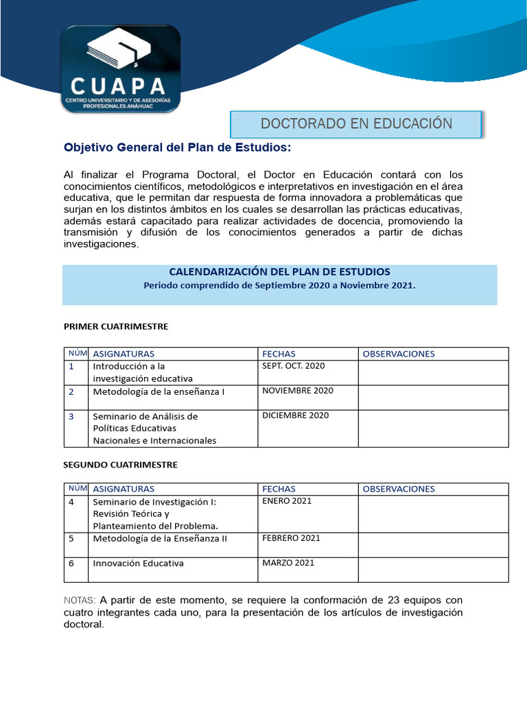 Plan de Estudios - Doctorado en Educación | PDF | Plan de estudios | Doctorado