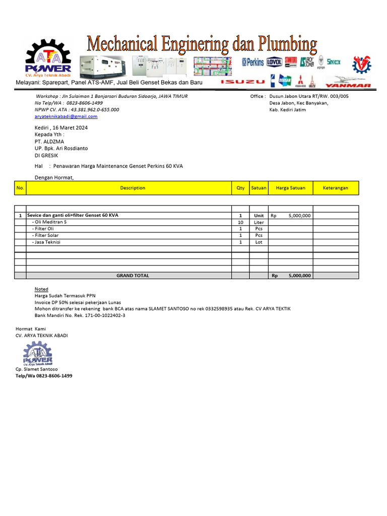 Penawaran Maintenance Genset | PDF