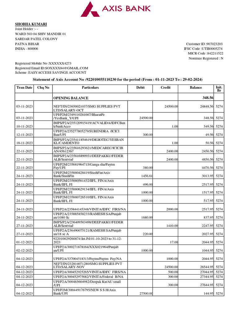 Axis Bank Account Statement Nov 2023-Feb 2024 | PDF | Banks | Cheque