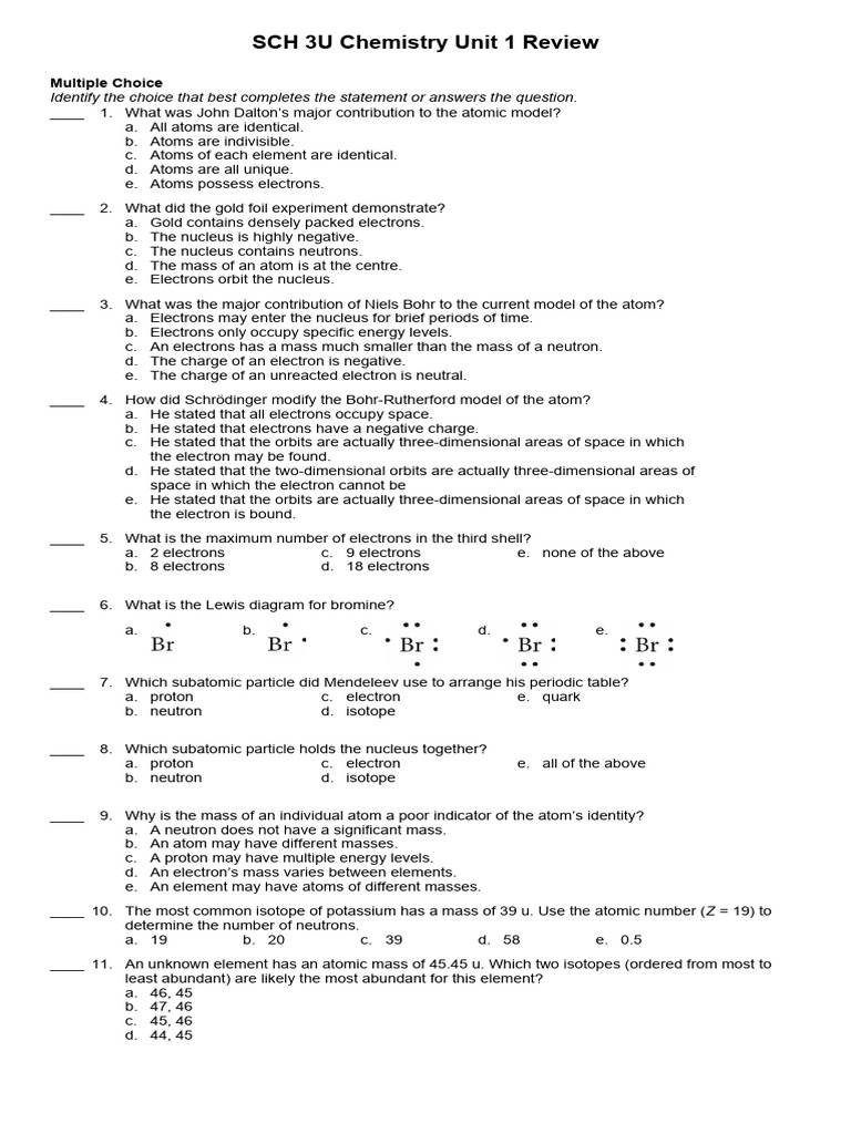 SCH3U Chemistry Unit 1 MC Review | PDF | Chemical Bond | Chemical Polarity
