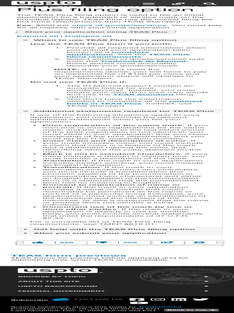 Application TEAS Plus Filing Option USPTO | PDF | Trademark