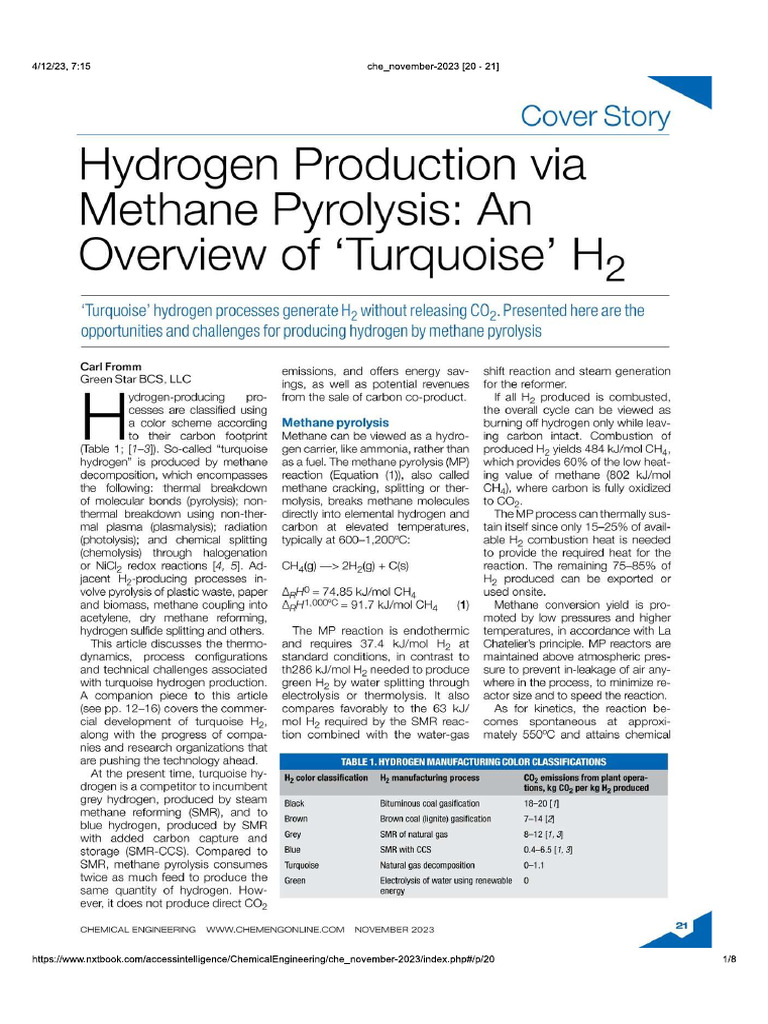 Hydrogen Production Via Methane Pyrolysis Overview | PDF Hydrogen Production Via Methane Pyrolysis Overview | PDF