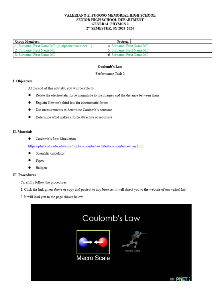 Performance Task 2 Coulombs Law | PDF | Force | Electrostatics
