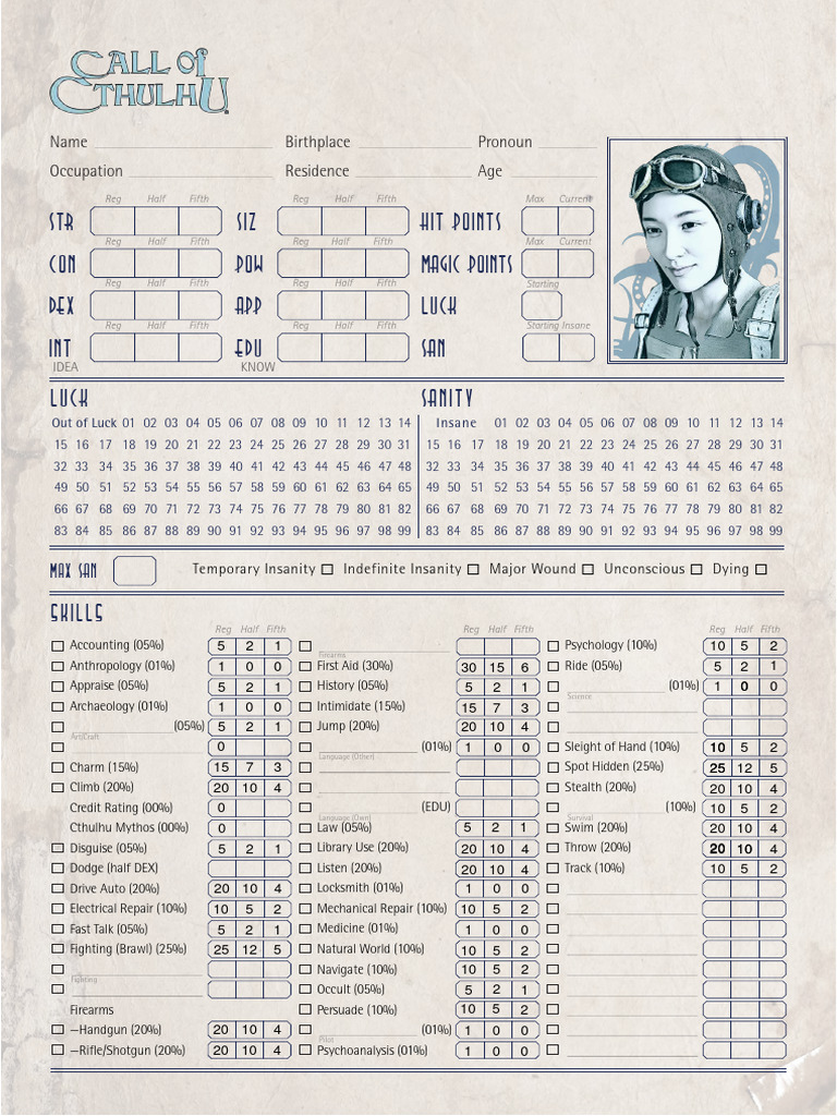 Call of Cthulhu 7th Edition Character Sheet | PDF | Projectile Weapons ...