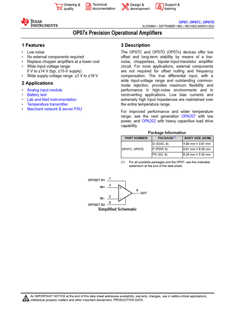 OP07x Precision Operational Amplifiers: 1 Features 3 Description | PDF | Electrostatic Discharge ...