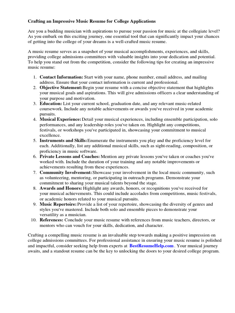 Music Resume For College Applications Template | PDF | Audition | Résumé