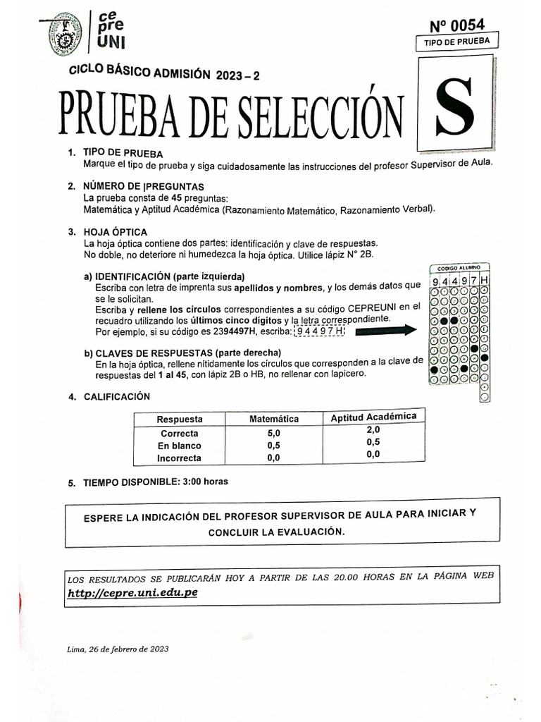 PRUEBA DE SELECCION 23-2 CICLO BASICO | PDF