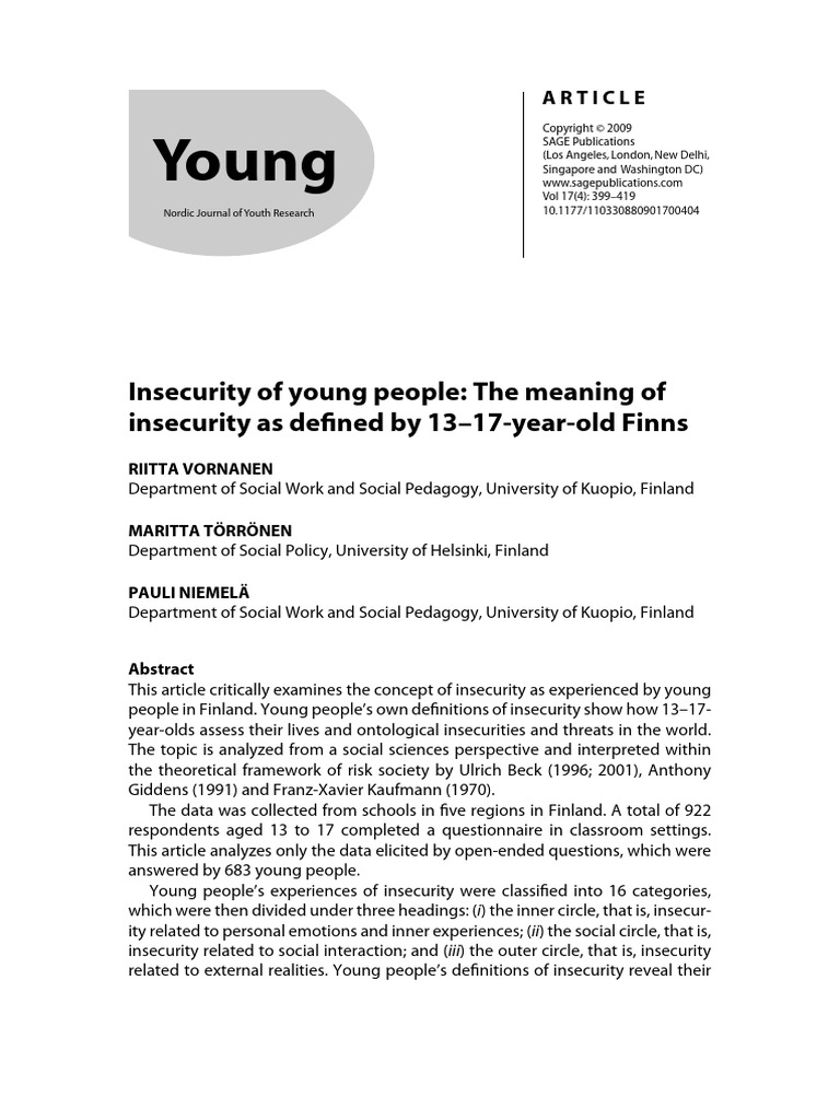 Vornanen Et Al 2009 Insecurity of Young People The Meaning of ...