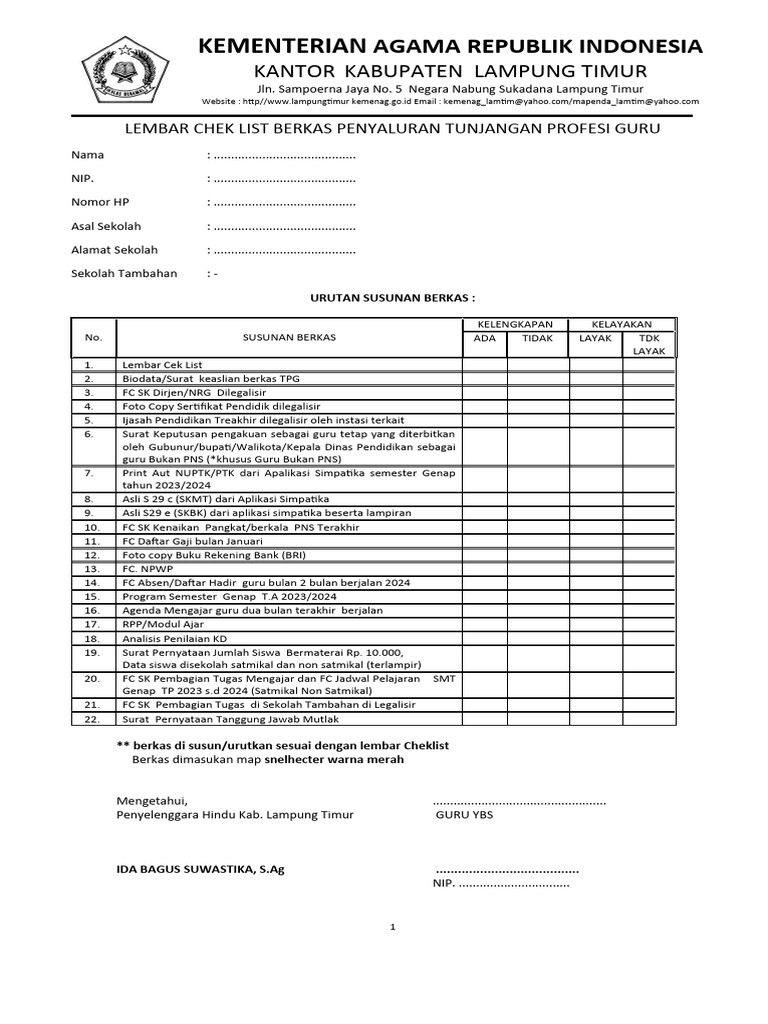 Cek List Berkas Tunjangan Profesi Guru | PDF