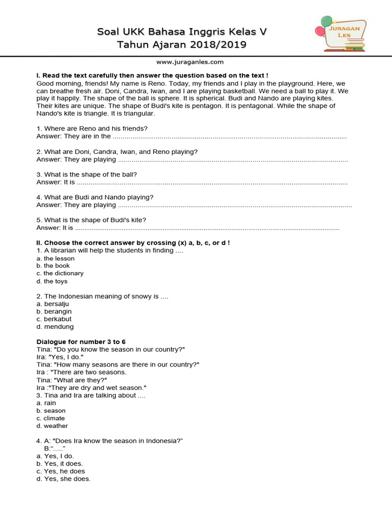Soal UKK Bahasa Inggris Kelas 5 Tahun Ajaran 2018-2019 | PDF | Shape | Sphere
