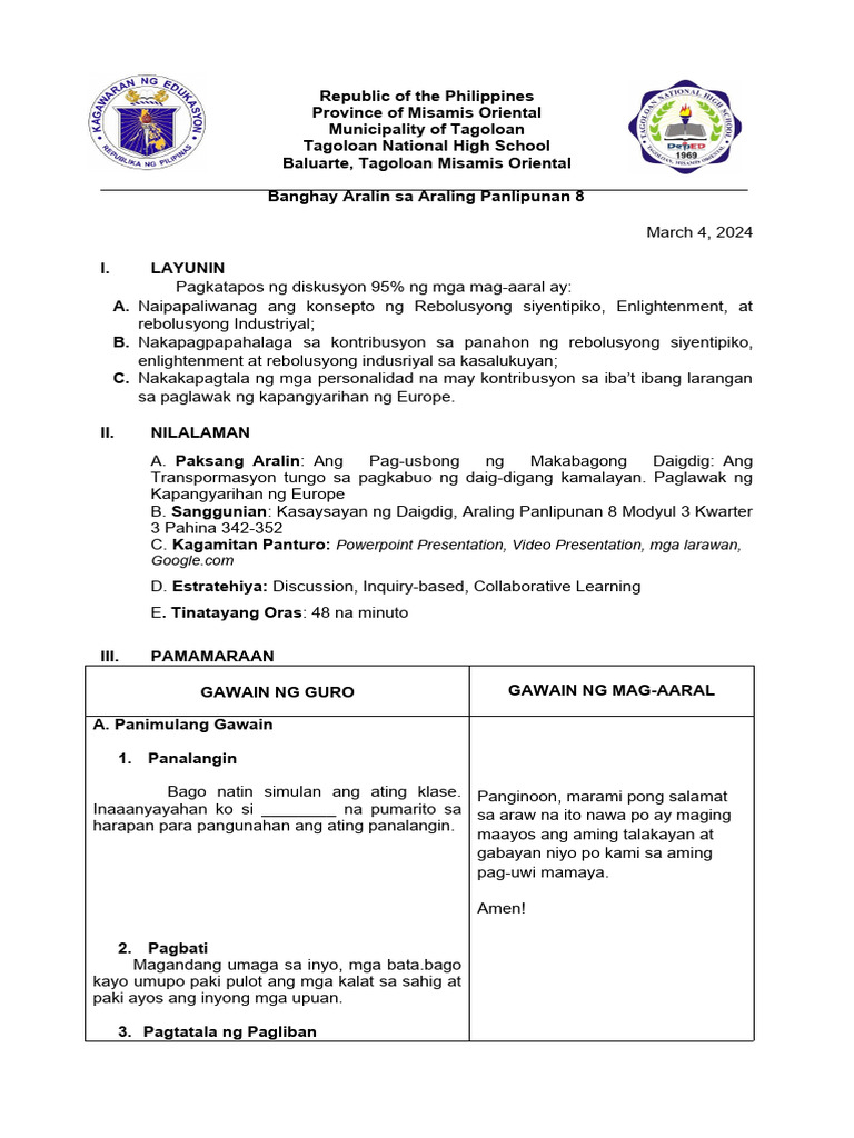 G8 Lesson Plan 1 Rebolusyong Siyentipiko | PDF