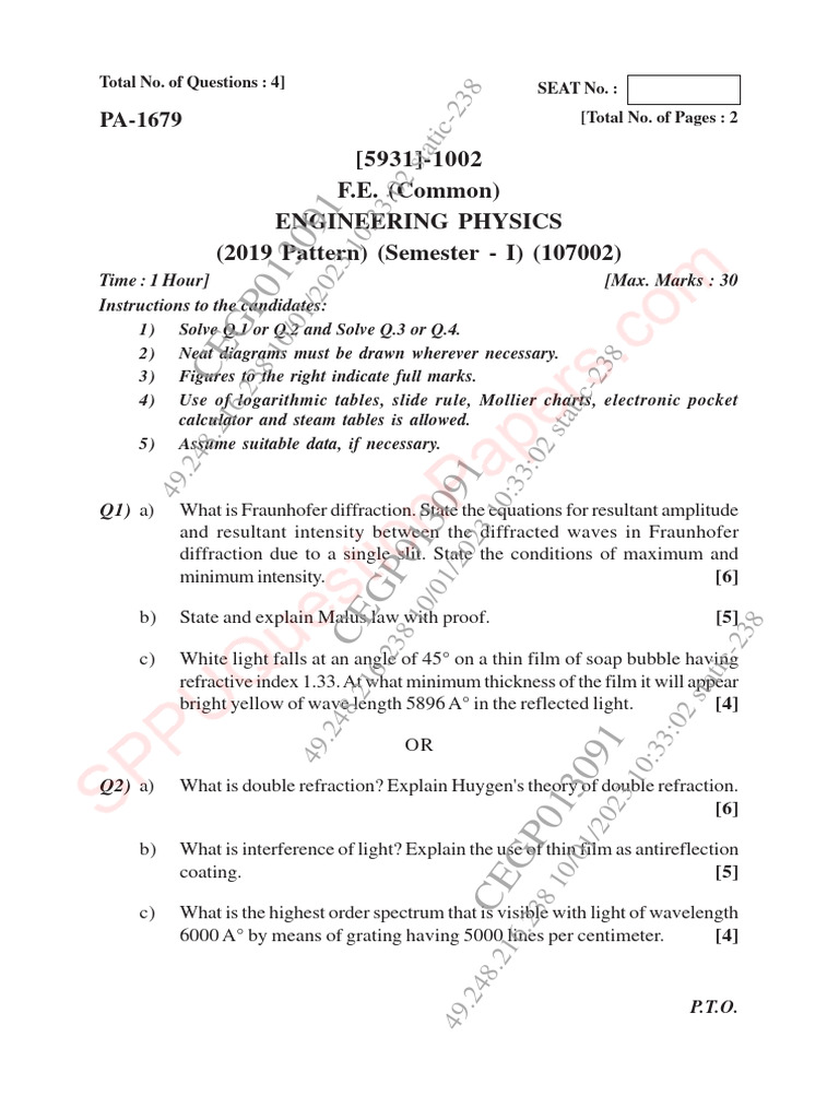 Be - First Year Fe Engineering - Semester 1 - 2022 - October - Engineering Physics Pattern 2019 ...