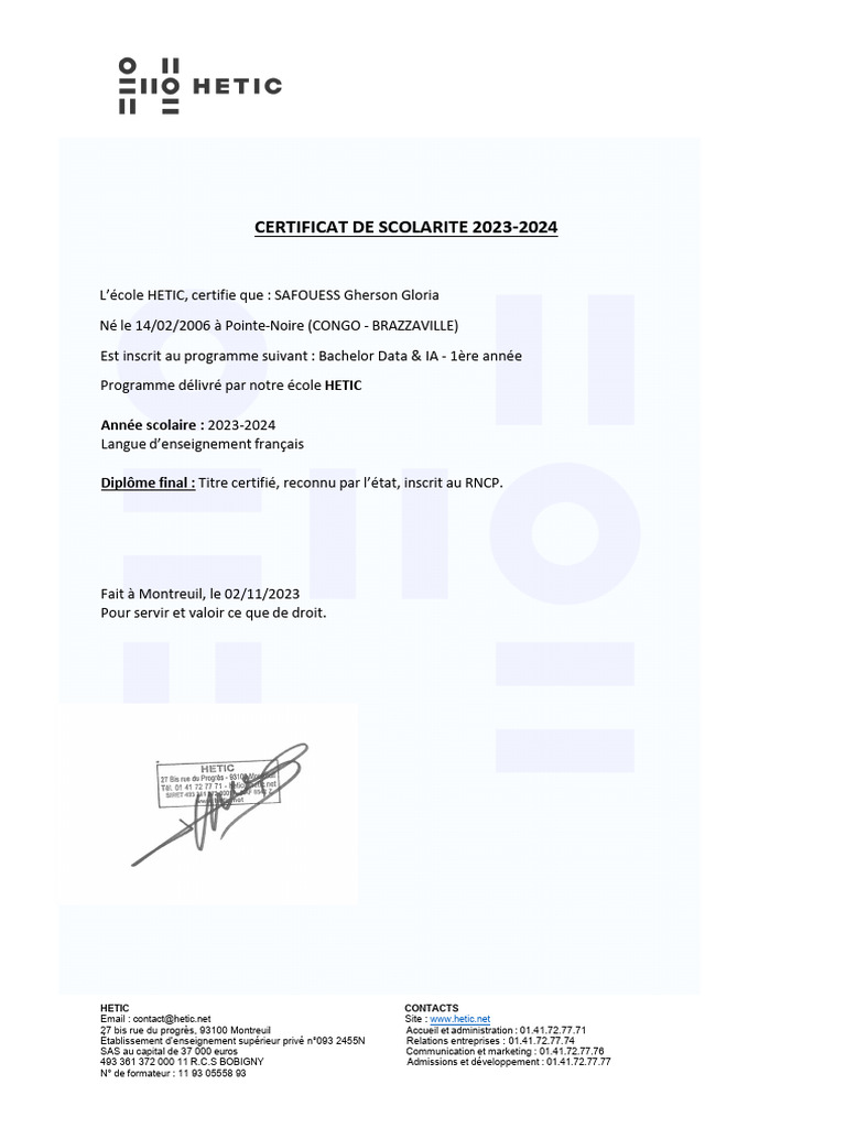 Certificat de Scolarité 2023-2024 HETIC | PDF
