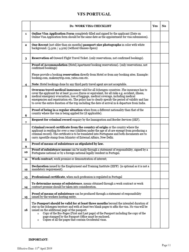 d1 Long Stay Work Visa Checklist | PDF | Travel Visa | Passport