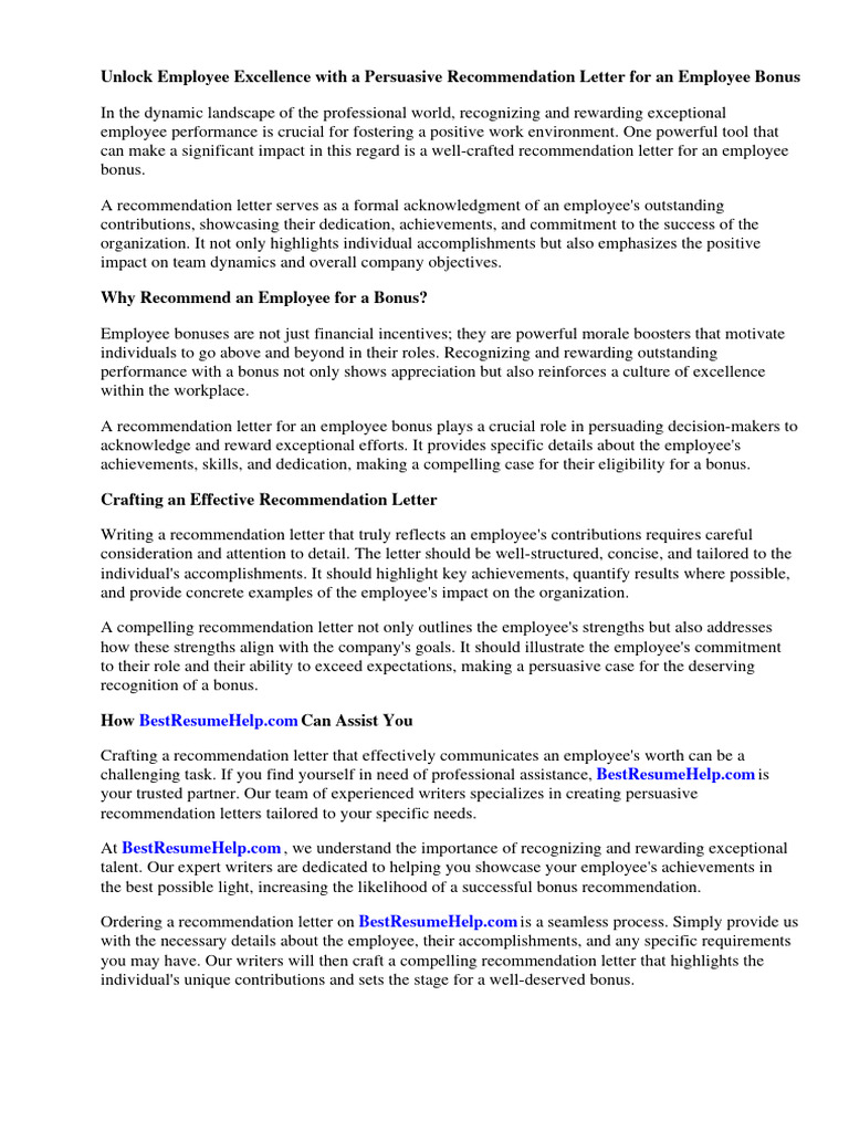 Recommendation Letter For Employee Bonus | PDF | Employment | Incentive