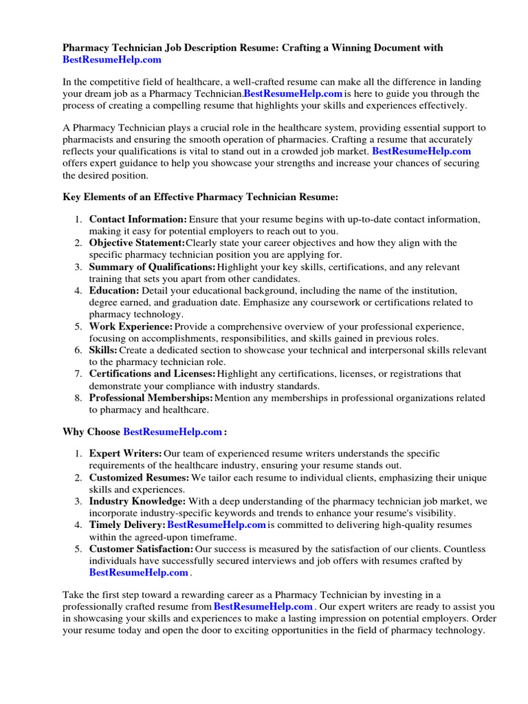 Pharmacy Technician Job Description Resume | PDF | Résumé | Pharmacy