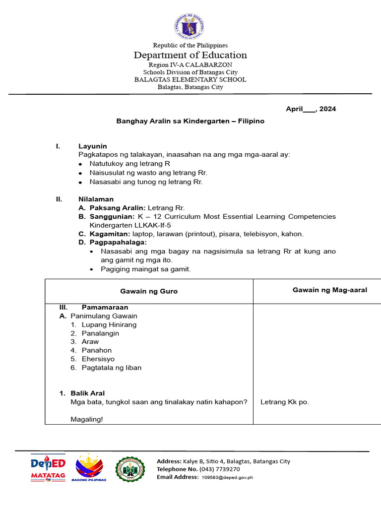 Banghay Aralin Sa Kindergarten | PDF