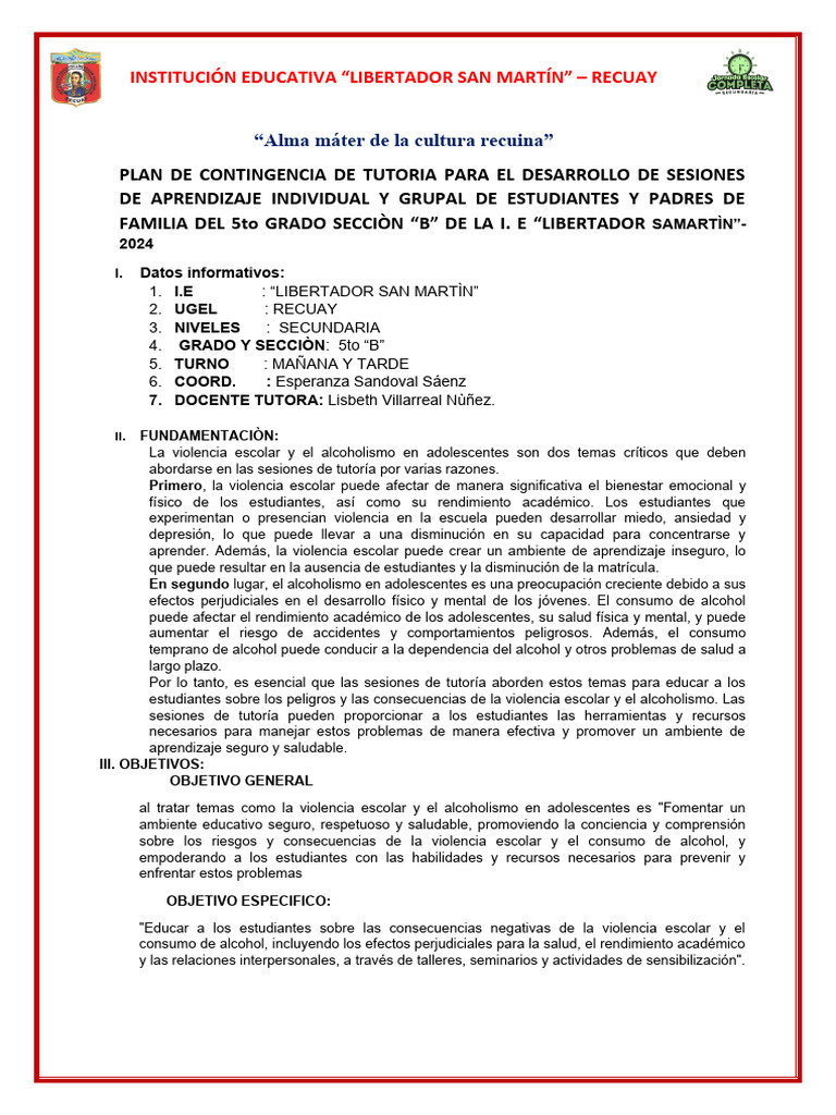 Plan de Tutoria para Casos | PDF | Alcoholismo | Violencia